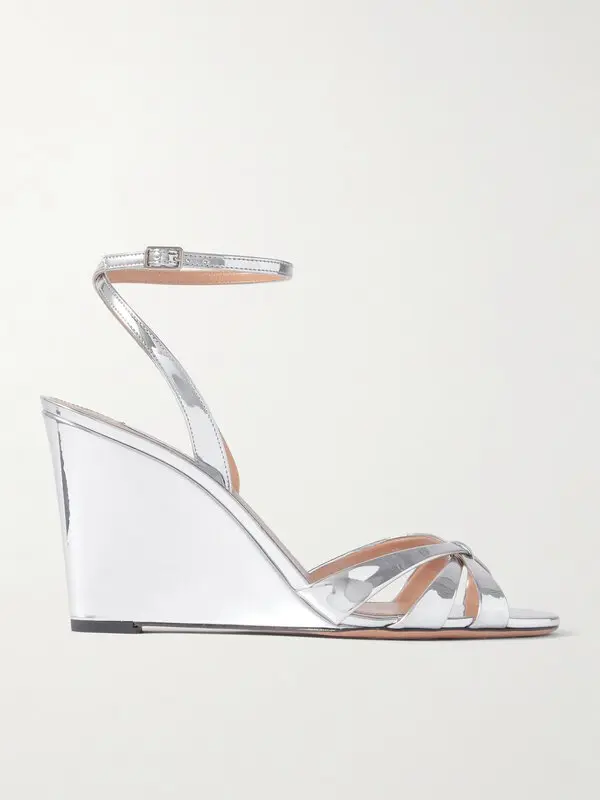 AQUAZZURA Tati 85 Metallic Leather Wedge Sandals - Silver