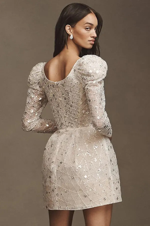 watters sparkler puff sleeve scoop neck sequin embroidered mini dress Sparkler 30409 | By Watters