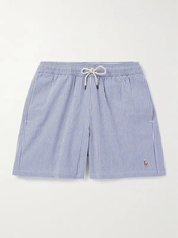 Polo Ralph Lauren Traveler Straight-leg Mid-length Striped Cotton-blend Seersucker Swim Shorts - Blue