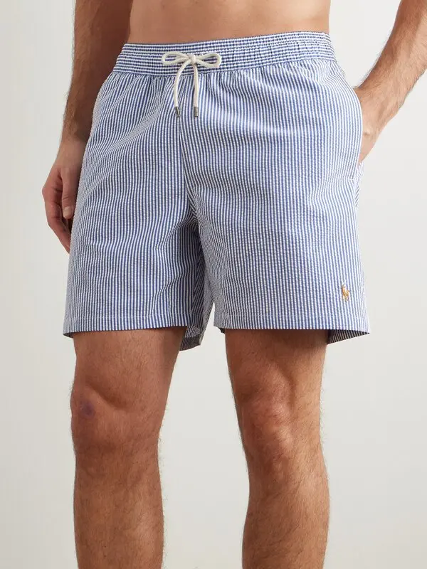 Polo Ralph Lauren Traveler Straight-leg Mid-length Striped Cotton-blend Seersucker Swim Shorts - Blue