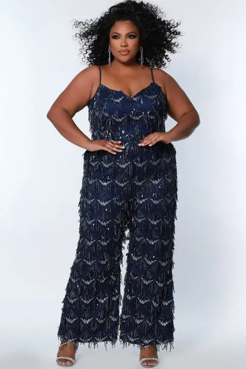 SYDNEY'S CLOSET Sequin Fringe Jumpsuit - Navy