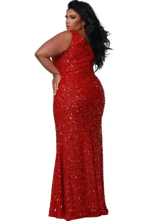SYDNEY'S CLOSET One-shoulder Sequin Gown - Ruby