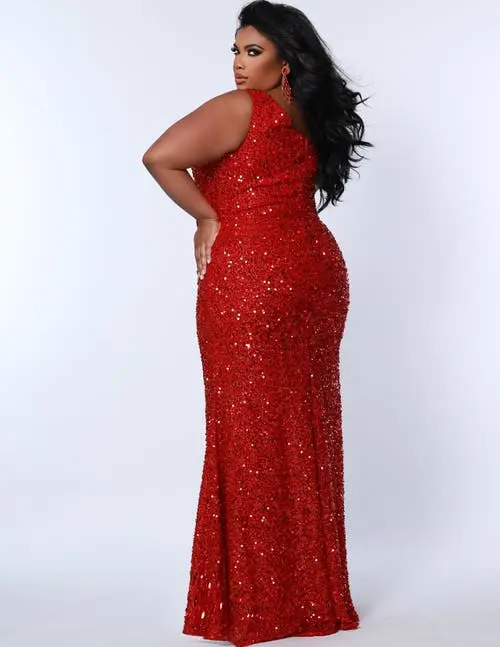 SYDNEY'S CLOSET One-shoulder Sequin Gown - Ruby