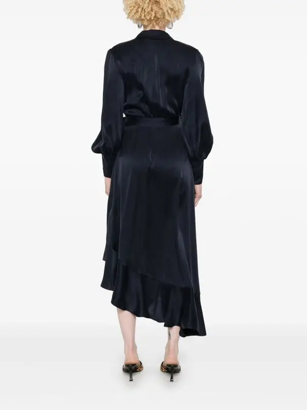 navy blue dress for baby girl ZIMMERMANN Asymmetric ruffled silk-satin midi wrap dress