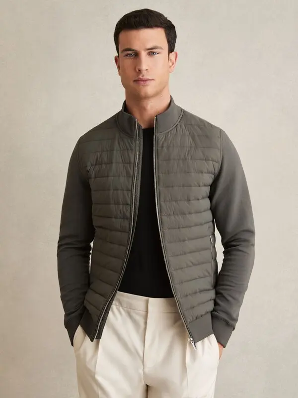 REISS Hybrid Quilt And Interlock Zip Jacket - Sage