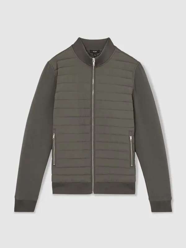 REISS Hybrid Quilt And Interlock Zip Jacket - Sage