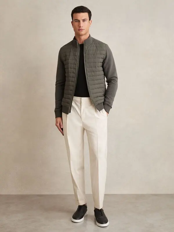 REISS Hybrid Quilt And Interlock Zip Jacket - Sage
