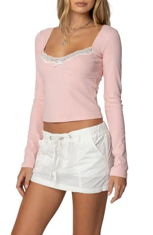 EDIKTED Morgyn Lace Trim Rib Crop Top