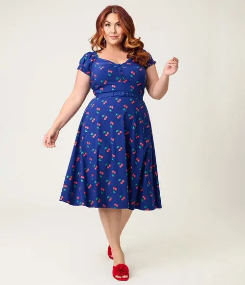 Unique Vintage Ohara Stretch Swing Dress - Navy W/cherries