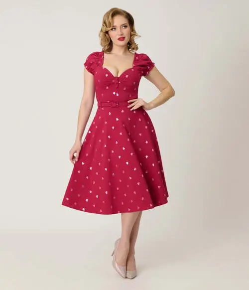 Unique Vintage Ohara Swing Dress - Burgundy W/pink Hearts