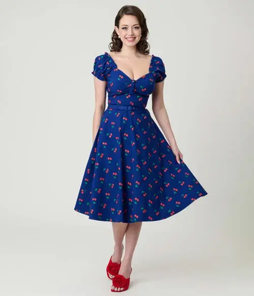 Unique Vintage Ohara Swing Dress - Navy W/cherries