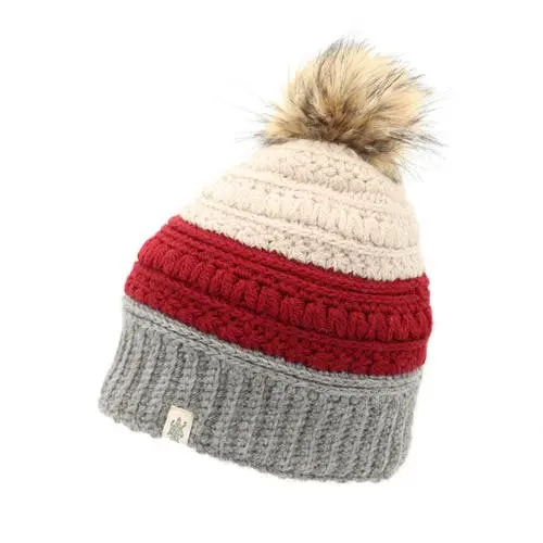 NIRVANNA DESIGNS Stripe Flower Fur Pom Pom Beanie - Ash/burgundy