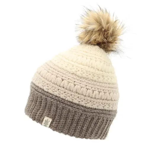 NIRVANNA DESIGNS Stripe Flower Fur Pom Pom Beanie