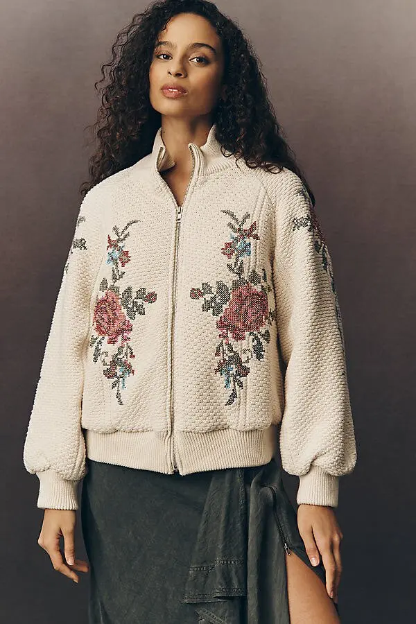 Anthropologie Embroidered Bomber Cardigan Sweater - Neutral Pattern