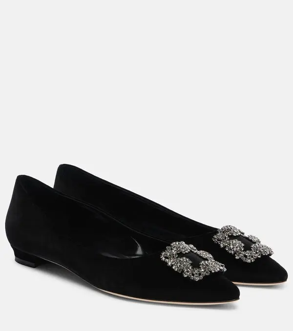 Manolo Blahnik Hangisi Embellished Velvet Ballet Flats - Black