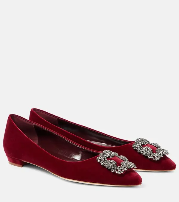 Manolo Blahnik Hangisi Embellished Velvet Ballet Flats - Red