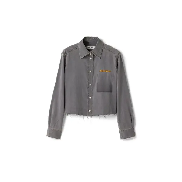 Miu Miu Cropped Chambray Shirt With Embroidered Logo