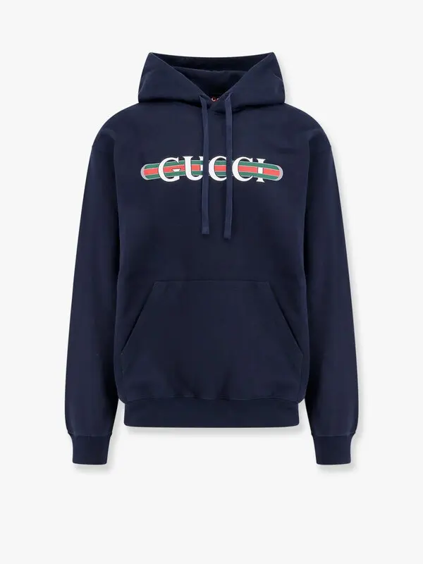 GUCCI フード付きスウェット ネイビー Gucci Cotton Sweatshirt With Web Print - Blue | Editorialist