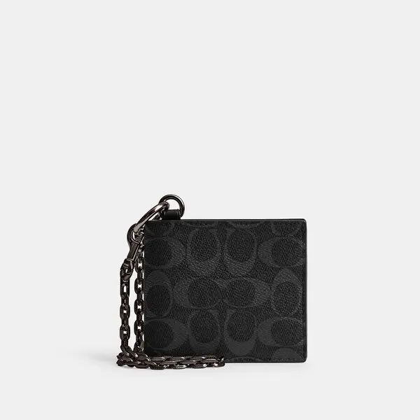 COACH Billfold Wallet With Chain In Signature Canvas - Black Signature