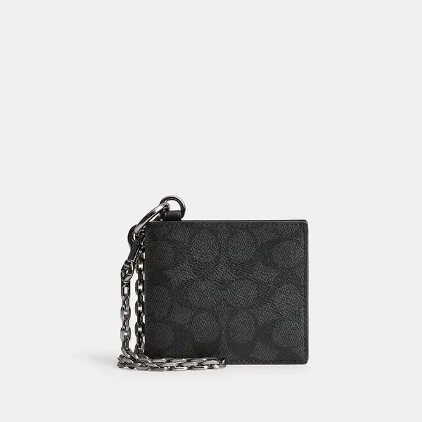 COACH Billfold Wallet With Chain In Signature Canvas - Charcoal Signature