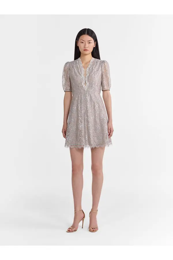 saloni silver dress Saloni Tabitha Mini Lace Dress - Silver