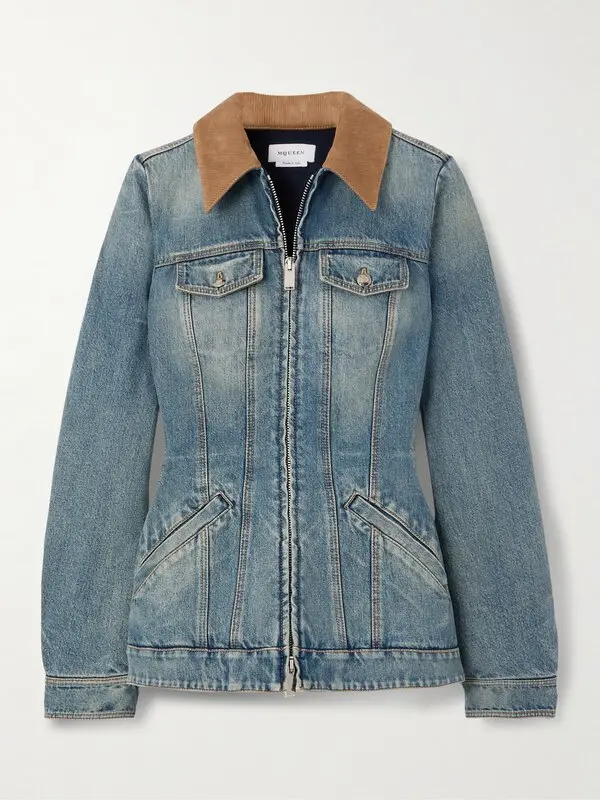 Alexander McQueen Corduroy-trimmed Denim Peplum Jacket - Blue