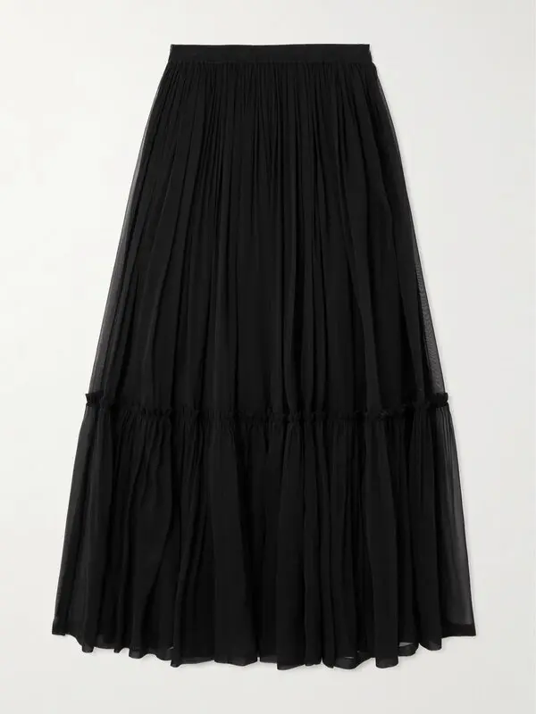 Saint Laurent Tiered Gathered Silk-chiffon Maxi Skirt - Black