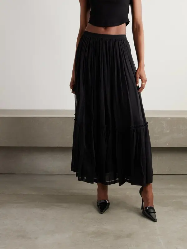 Saint Laurent Tiered Gathered Silk-chiffon Maxi Skirt - Black