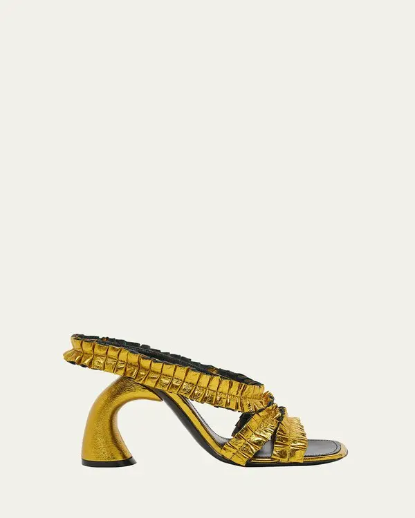 Dries Van Noten Curved-heel Ruffled Metallic Leather Sandals