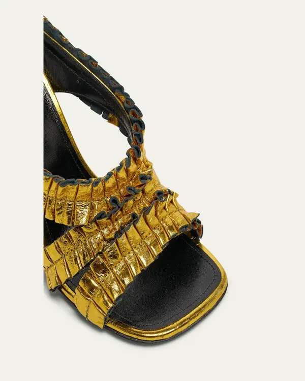 Dries Van Noten Curved-heel Ruffled Metallic Leather Sandals