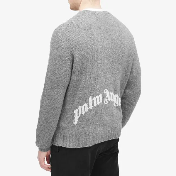 Palm Angels Curved Logo Melange Crew Knit - Grey