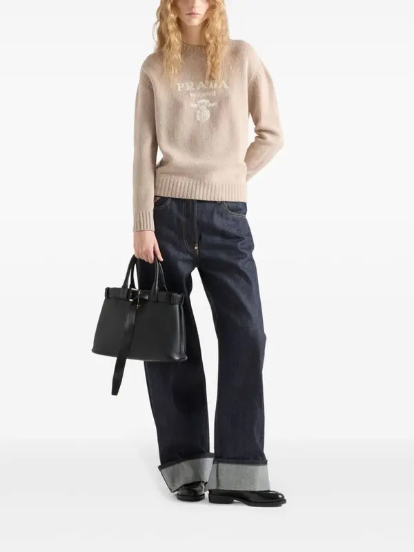 Prada Logo-intarsia Crew-neck Sweater - Neutrals