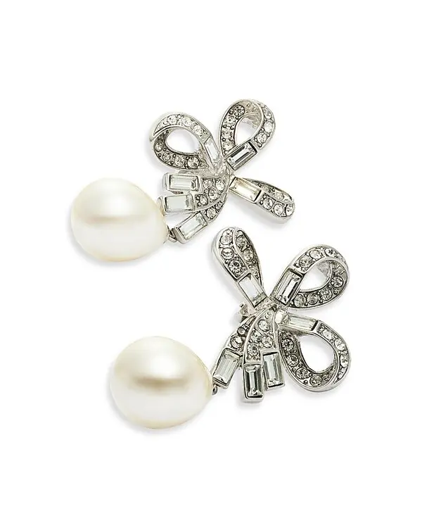 KENNETH JAY LANE Imitation Pearl And Pave Bow Drop Earrings - Silver