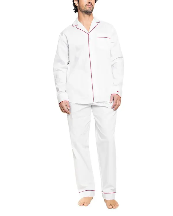 PETITE PLUME Brushed Cotton Twill Piped Pajama Set - White