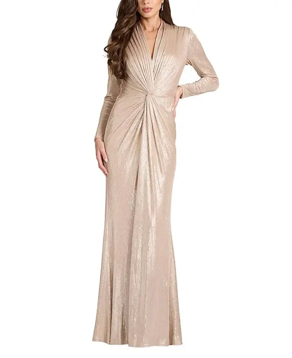 Tadashi Shoji Ferrum Metallic Twist Drape Gown - Pebble