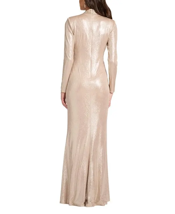 Tadashi Shoji Ferrum Metallic Twist Drape Gown - Pebble