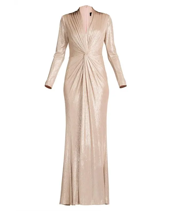 Tadashi Shoji Ferrum Metallic Twist Drape Gown - Pebble