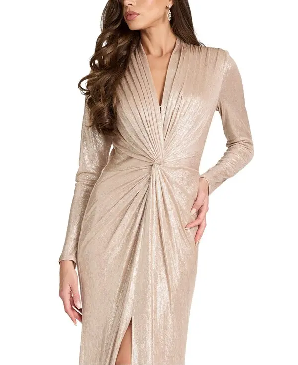 Tadashi Shoji Ferrum Metallic Twist Drape Gown - Pebble
