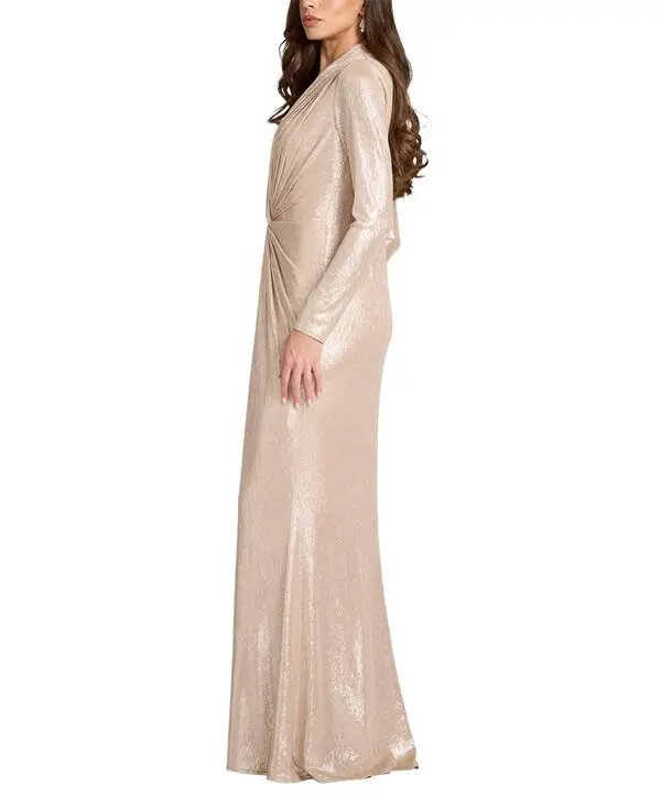 Tadashi Shoji Ferrum Metallic Twist Drape Gown - Pebble