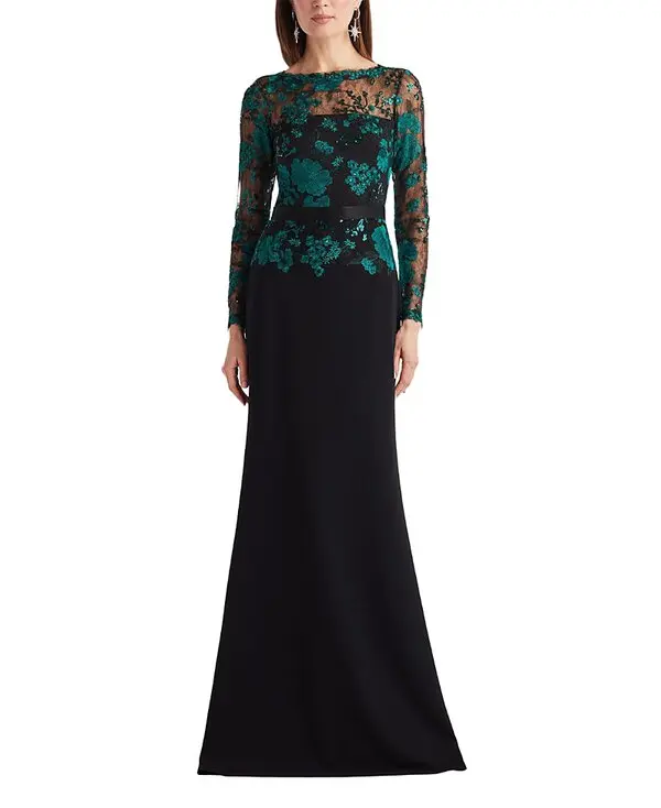 Tadashi Shoji Beacon Belted Embroidered Illusion Gown - Green