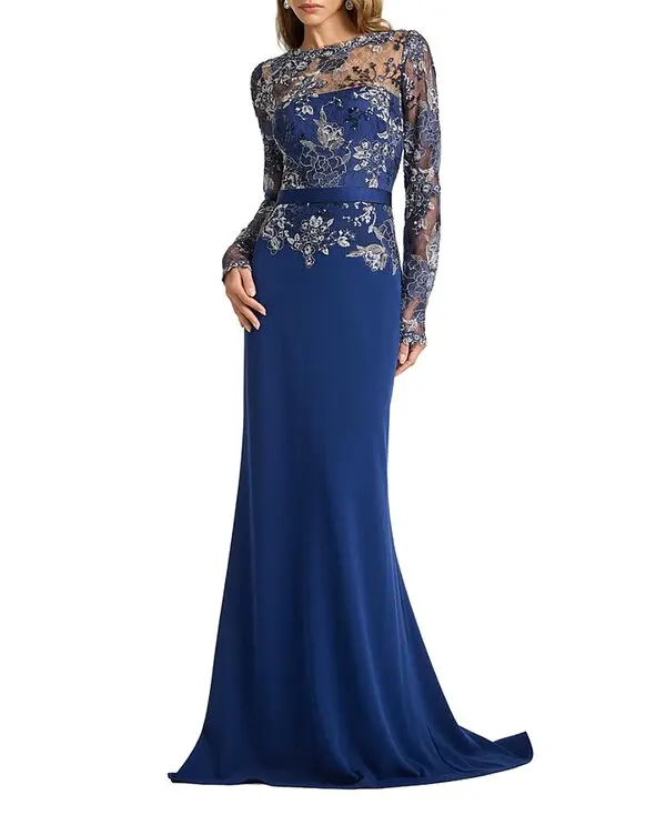 Tadashi Shoji Beacon Belted Embroidered Illusion Gown - Midnight