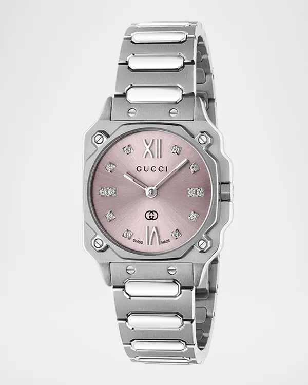Gucci Stainless Steel G-flat 24mm Diamond Bracelet Watch - Pink