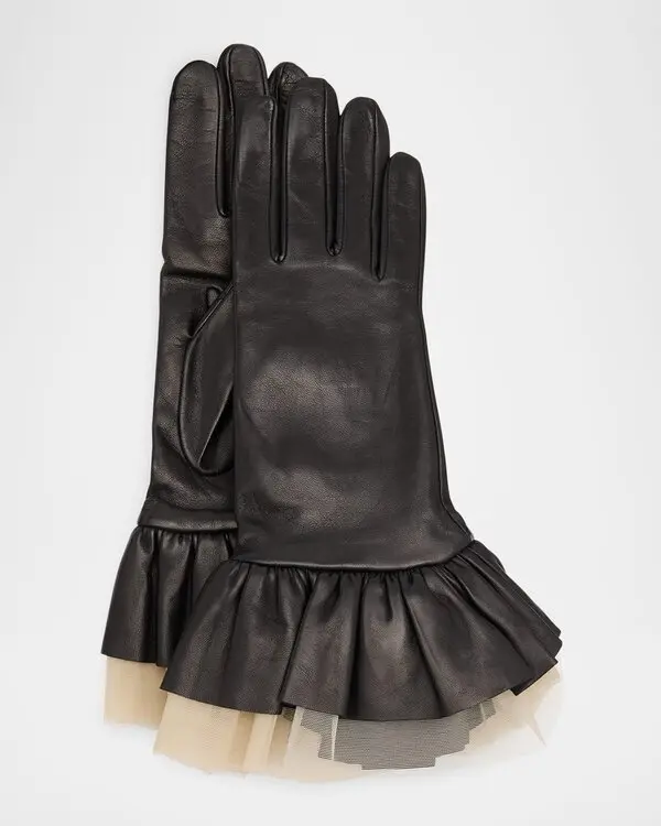 PAULA ROWAN Issey Leather Gloves - White Beige Tulle