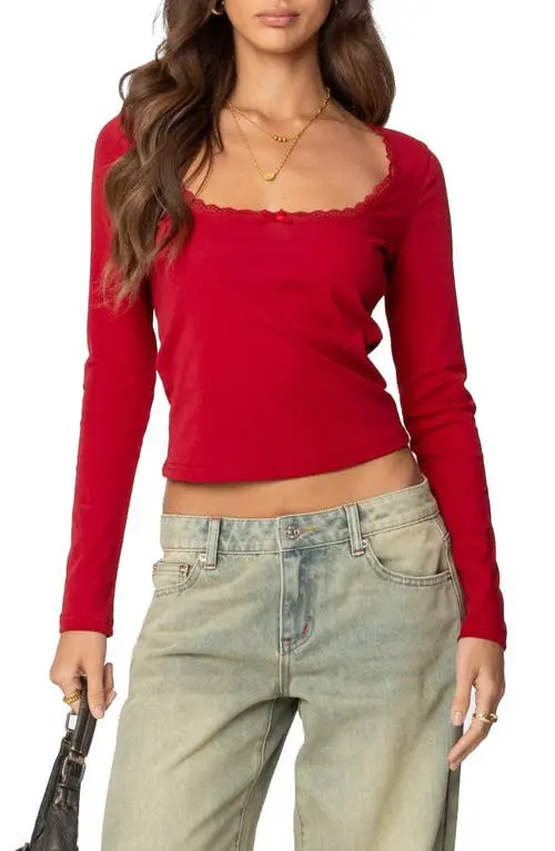EDIKTED Mora Lace Trim Knit Top - Red