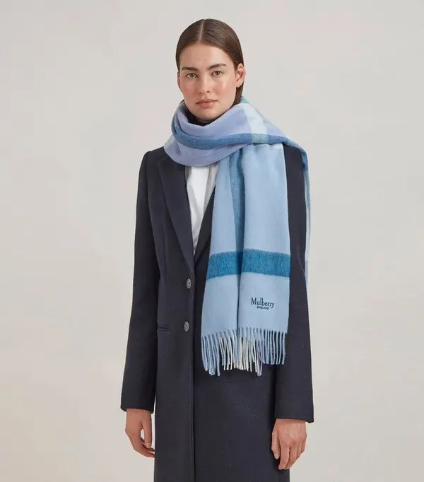 Mulberry Large Merino Wool Check Scarf - Neutral