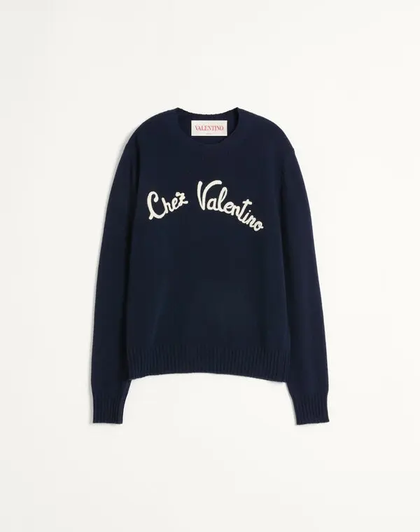 Valentino Garavani Wool Crewneck Jumper With Chez Embroidery - Blue