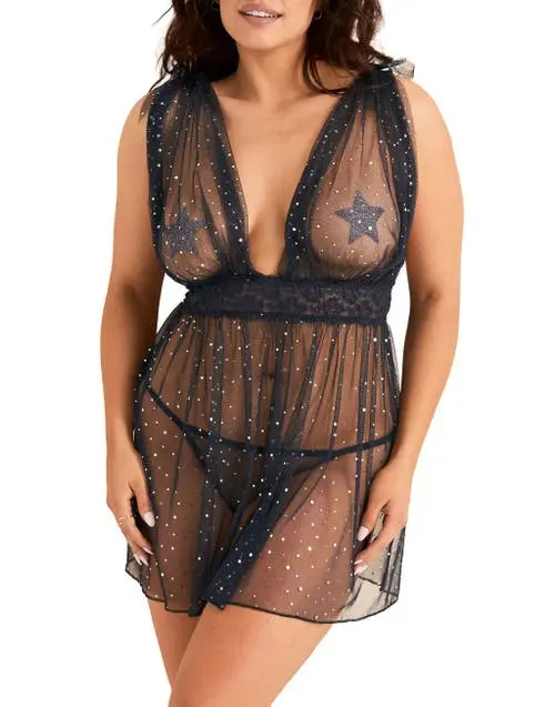 ADORE ME Novah Babydoll & G-string Set Lingerie - Dark Blue