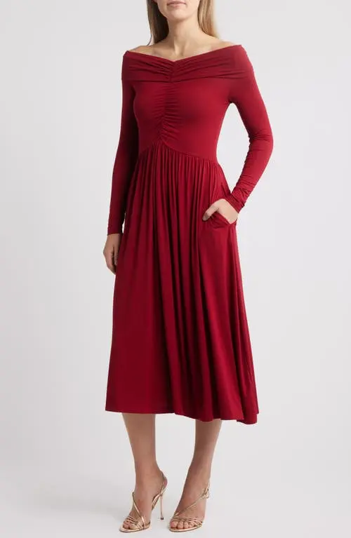 NIKKI LUND Olia Off The Shoulder Long Sleeve Dress - Wine