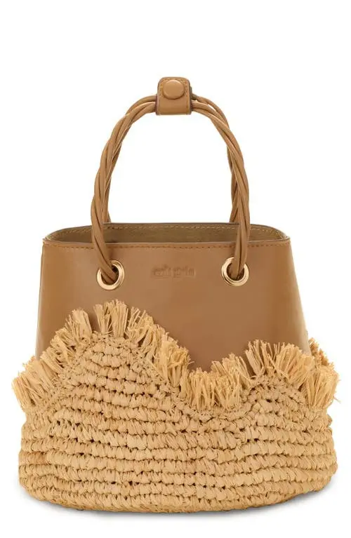 Cult Gaia Jojo Leather & Raffia Top Handle Bag - Camel