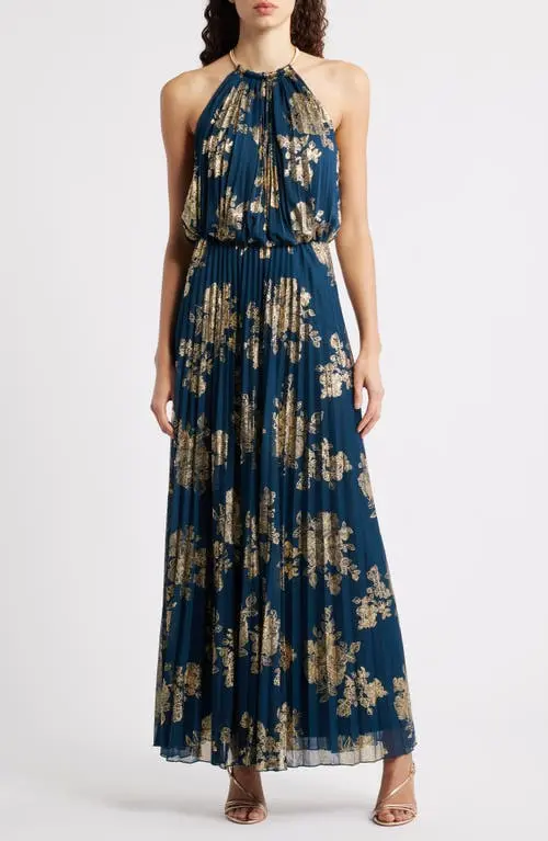 Halogen Pleated High Neck Maxi Dress - Dark Forest